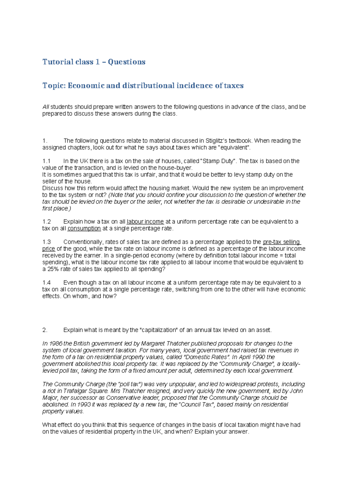 ECON0053 2024 Tutorial class 1 - Tutorial class 1 – Questions Topic ...