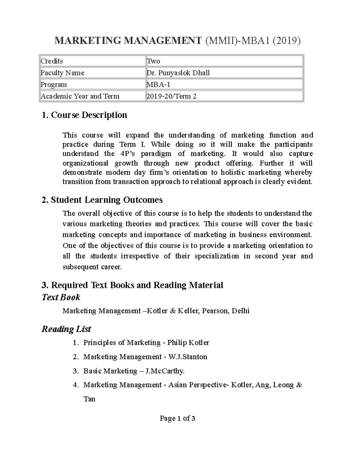 course framework outline - MARKETING MANAGEMENT (MMII)-MBA1 (2019 ...