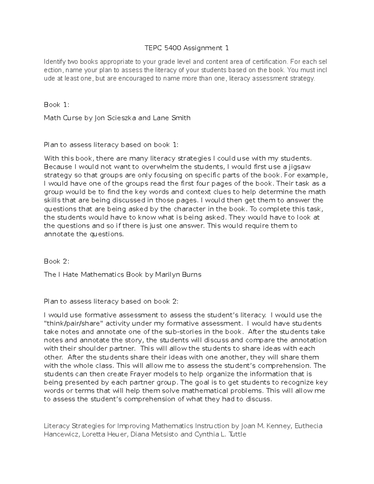 TEPC 5400 Assignment 1 - Identify two books appropriate to your grade ...