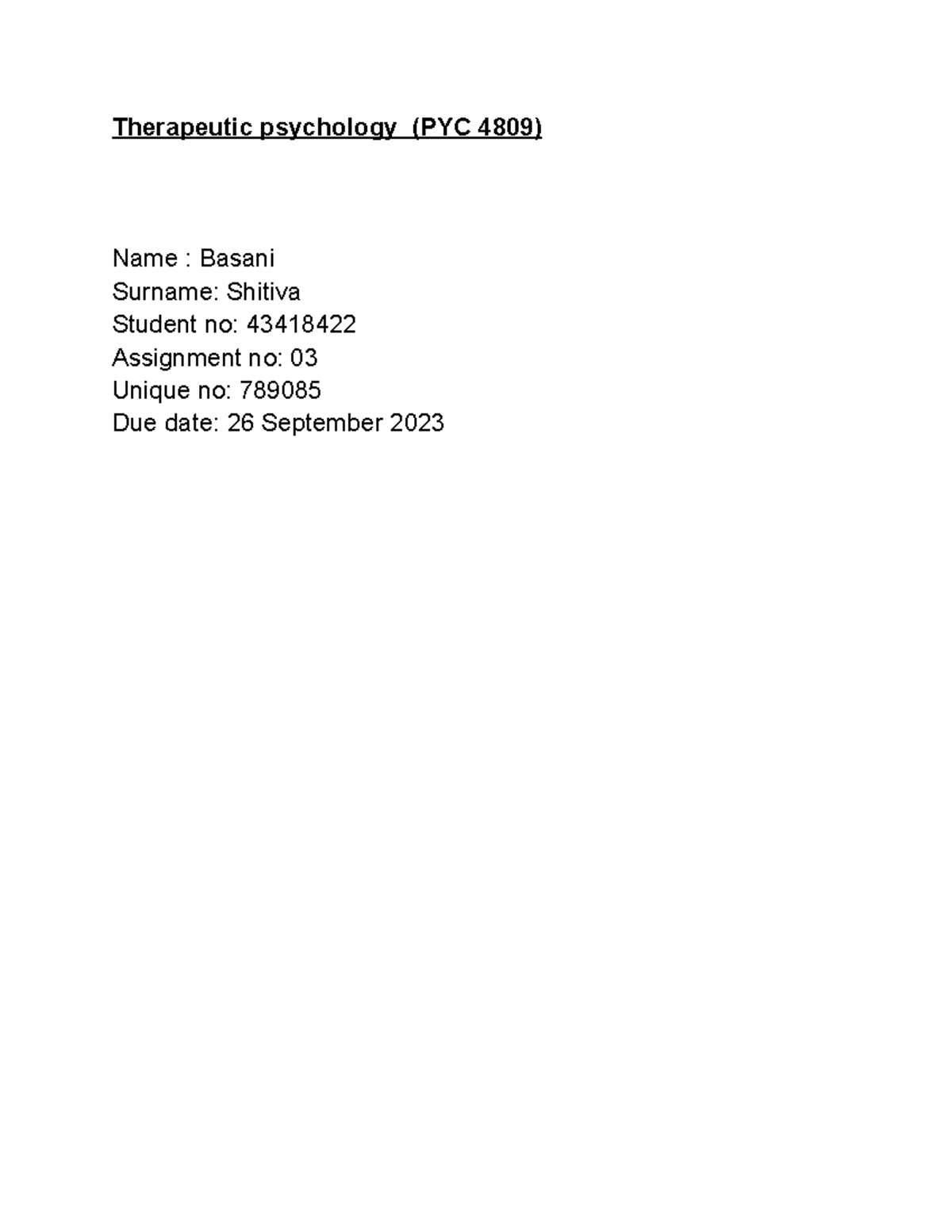 Untitled document - Literature - Therapeutic psychology (PYC 4809) Name ...