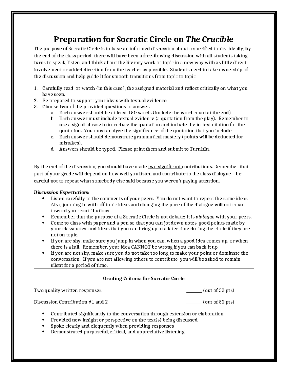 Preparation for Socratic Circle on The Crucible - Ideally, by the end ...