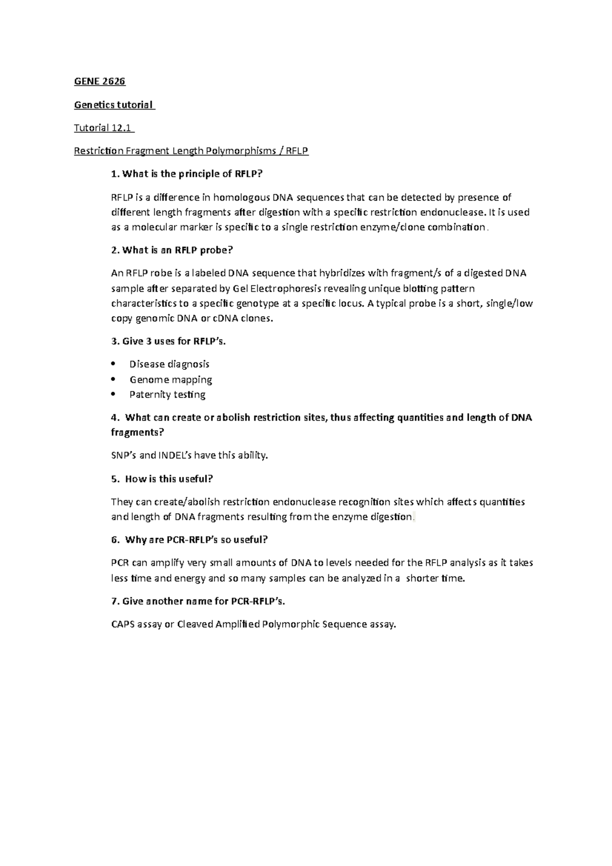 Genetics tut 3 - ANSWERS - GENE 2626 Genetics tutorial Tutorial 12 ...