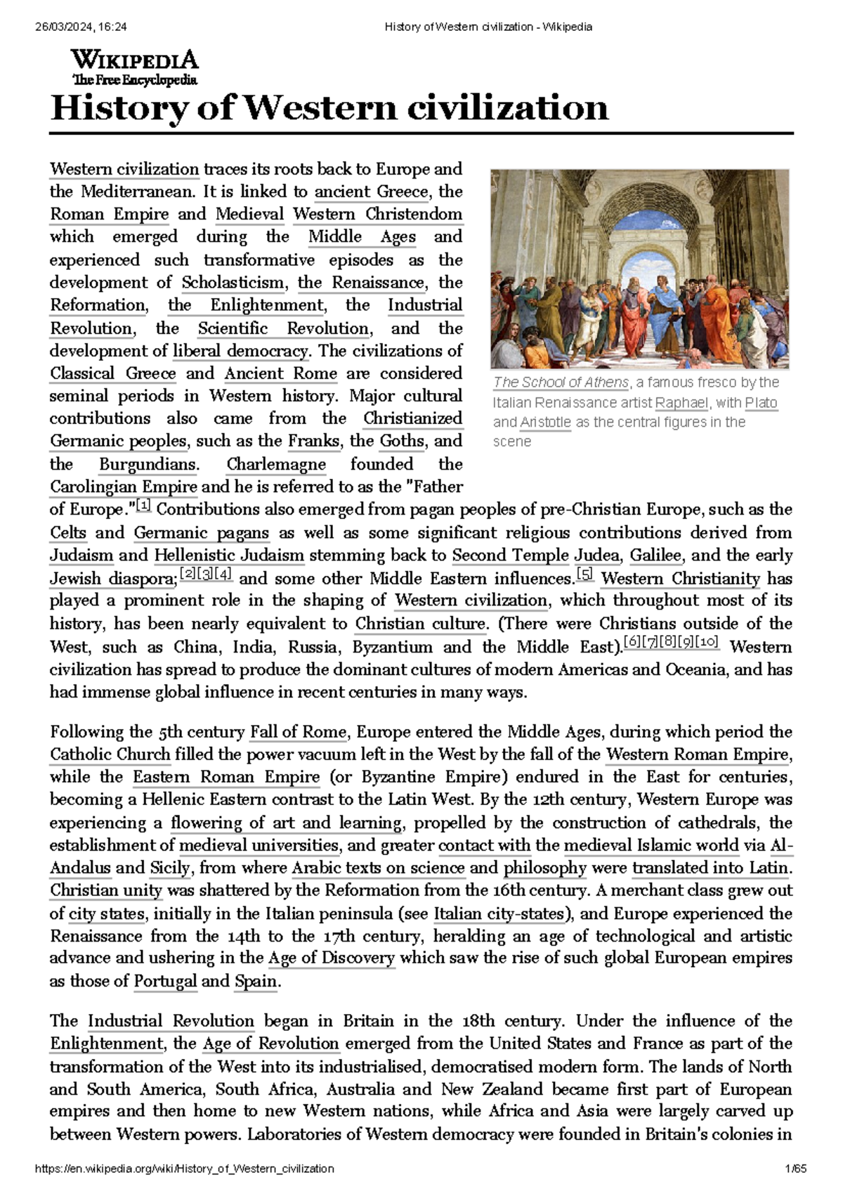 History of Western civilization - The School of Athens, a famous fresco ...