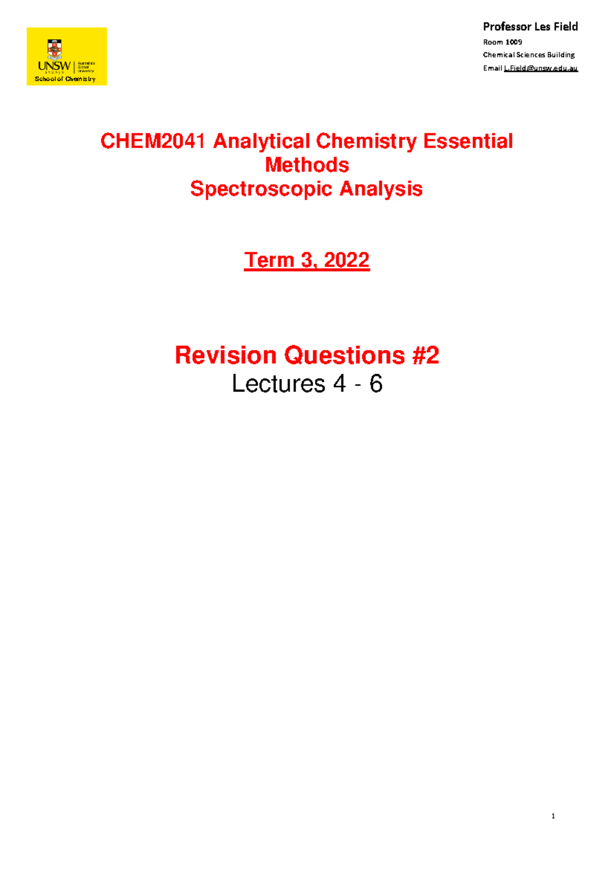 Chem2041 Revision Questions #2 T3 2022 - CHEM2041 Analytical Chemistry ...