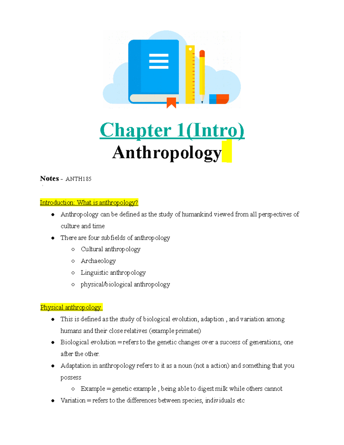 Anth 185 Ch 1 Lecture Notes 1 Chapter 1 Intro Anthropology Notes Anth Introduction What