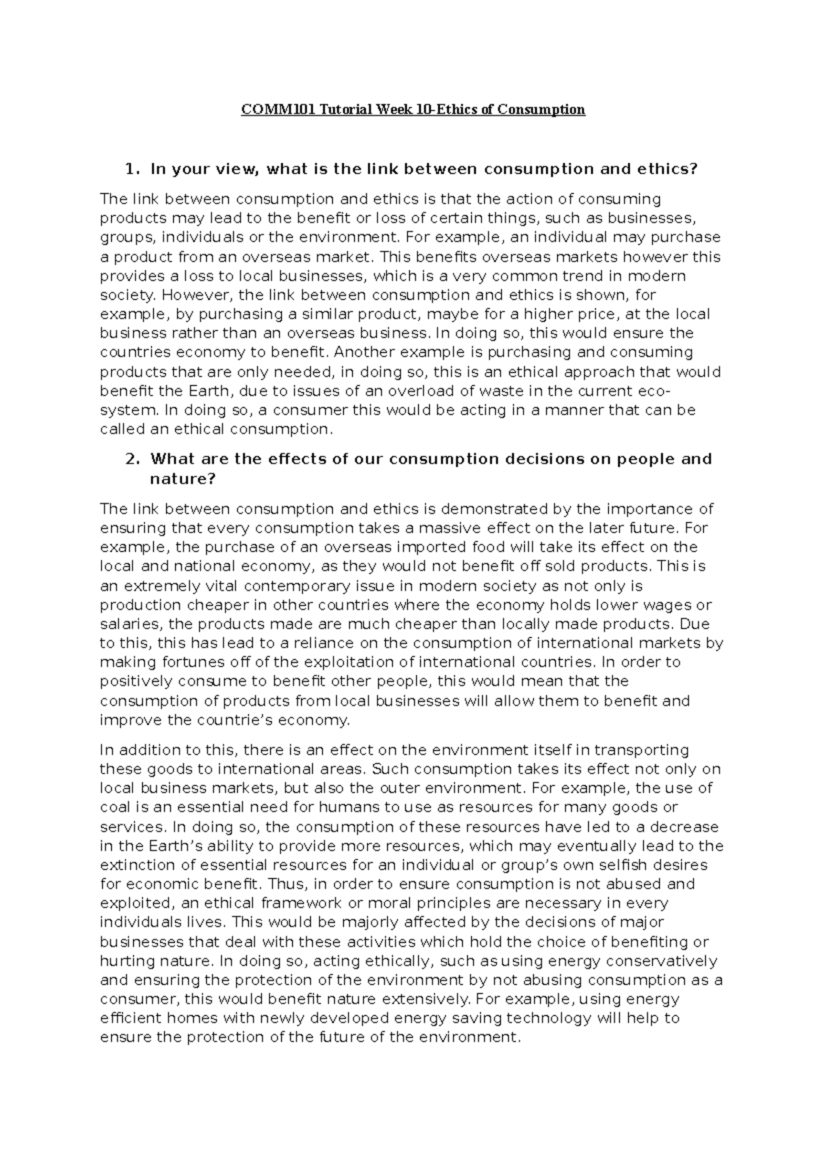 Week 10Q - COMM101 Tutorial Week 10-Ethics of Consumption 1. In your ...