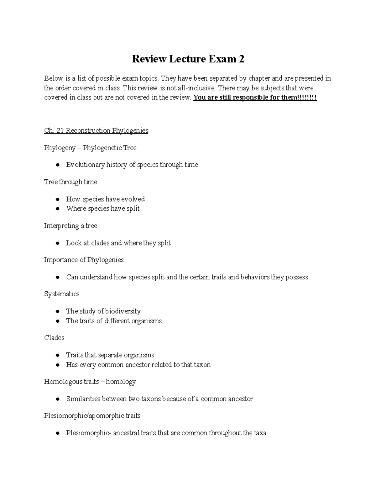 Review Lecture Exam 2 Bio 1407 - Review Lecture Exam 2 Below is a list ...