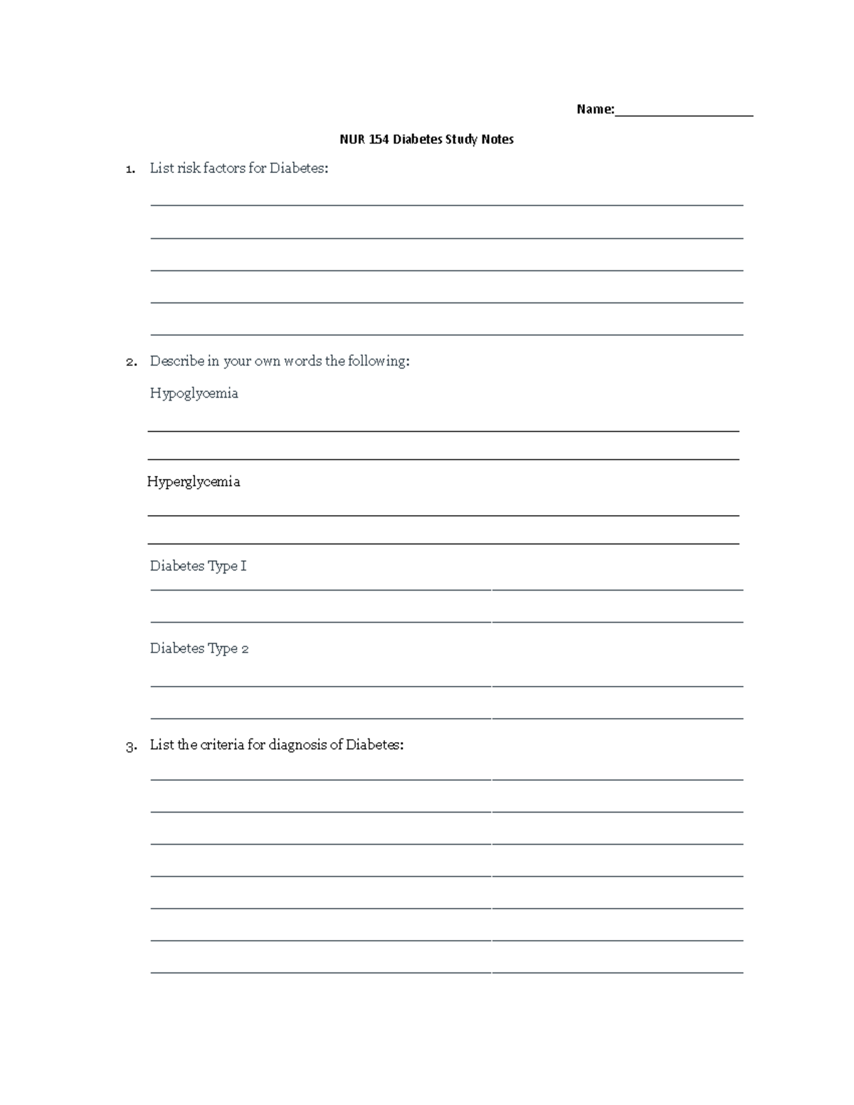 Diabetes Study Notes - Name:____________________ NUR 154 Diabetes Study ...
