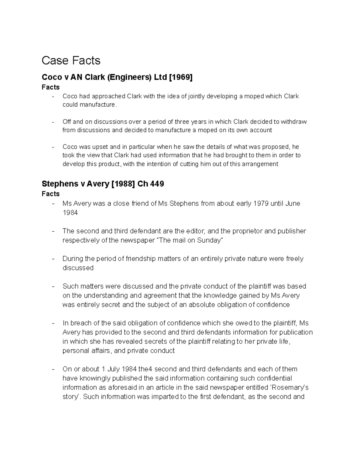 LAWS122 Cases- Cheat sheet - Case Facts Coco v AN Clark (Engineers) Ltd ...