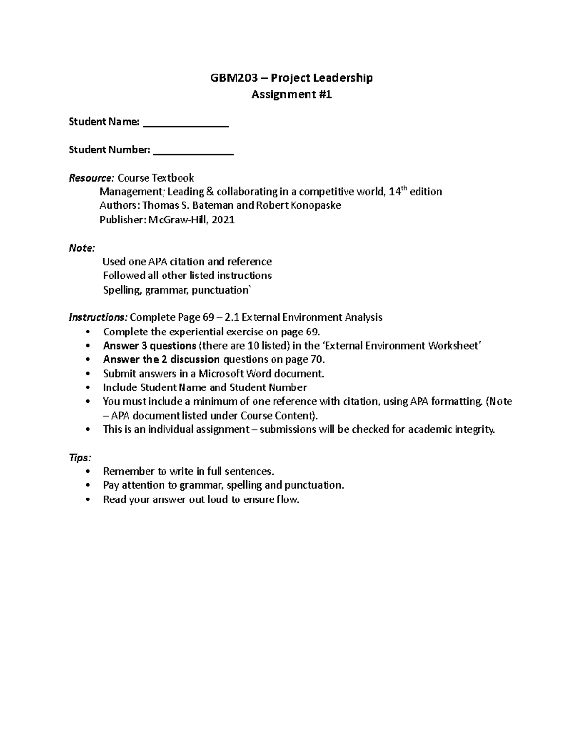 Assignment 1 - Outline - GBM203 – Project Leadership Assignment Student Name ...