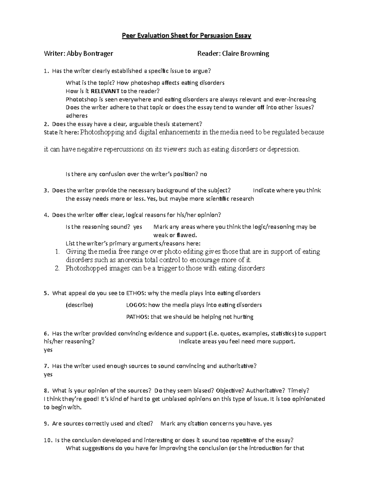 Peer Review (Abby) - Peer Evaluation Sheet for Persuasion Essay Writer ...