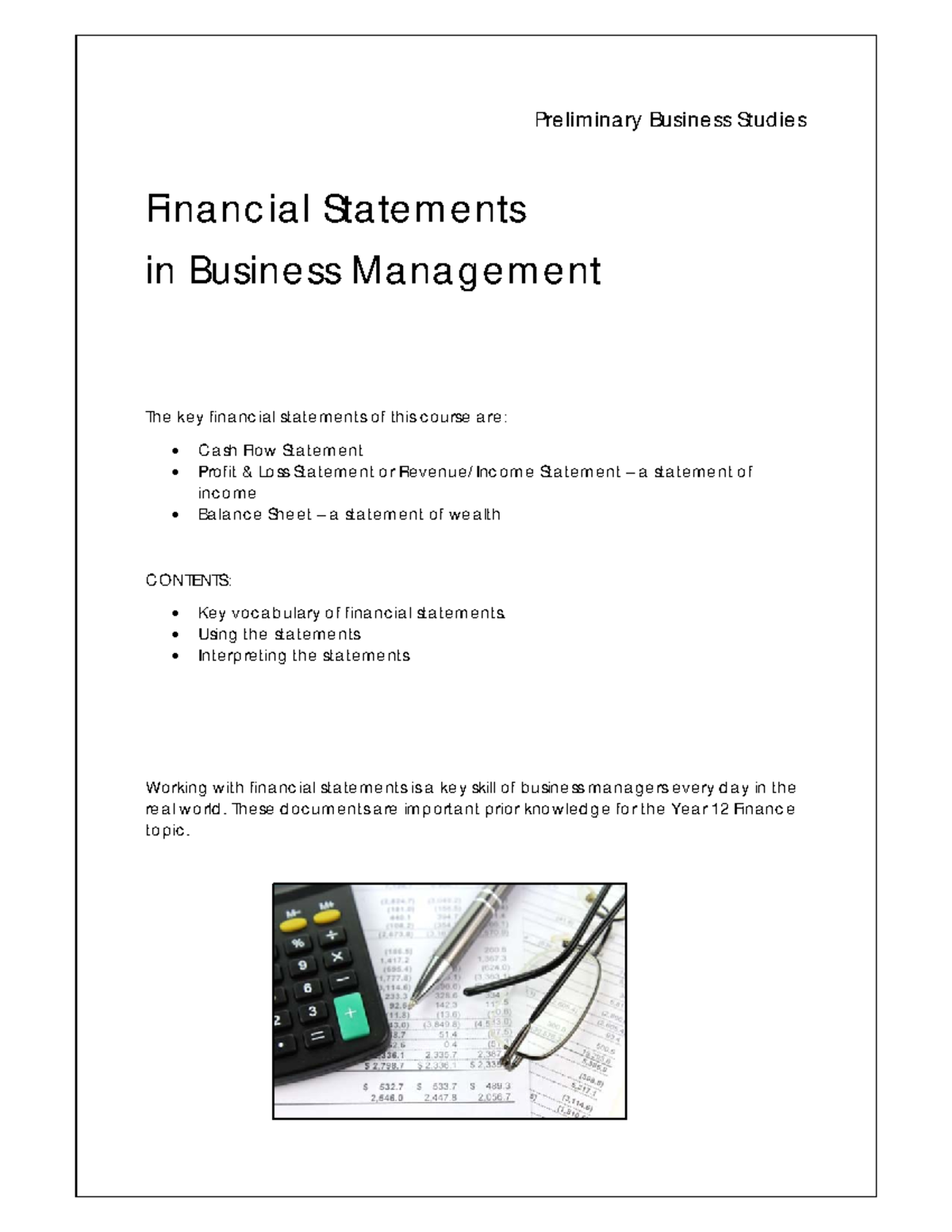 Financial Statements Workbook - Prelim Biz Mgmt Finance Summary ...