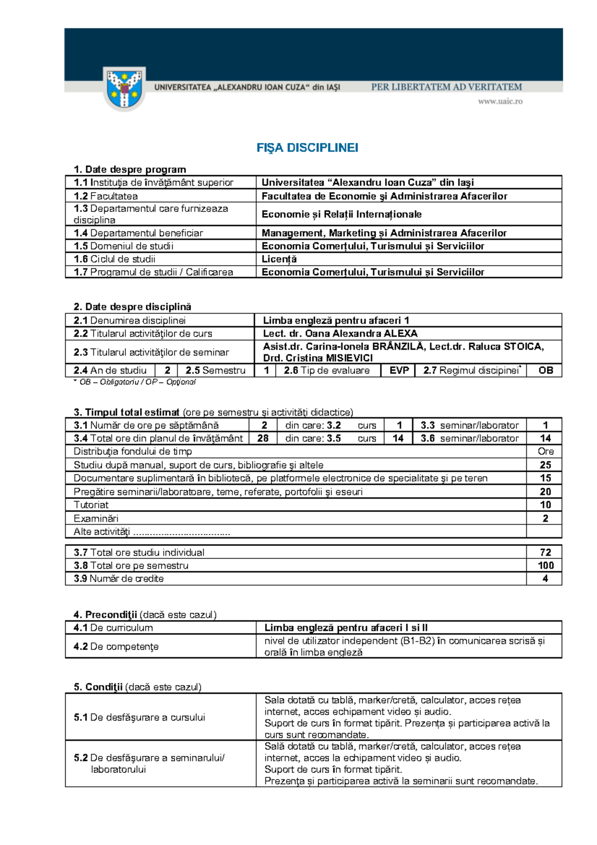 FD Eng1 ECTS 2022-2023 - Fisa disciplinei - FIŞA DISCIPLINEI OB ...