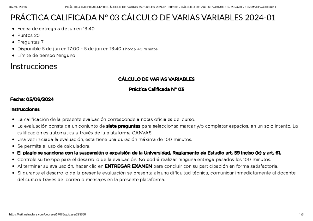 Práctica Calificada N° 03 Cálculo DE Varias Variables 2024-01 305185 - Cálculo DE Varias ...