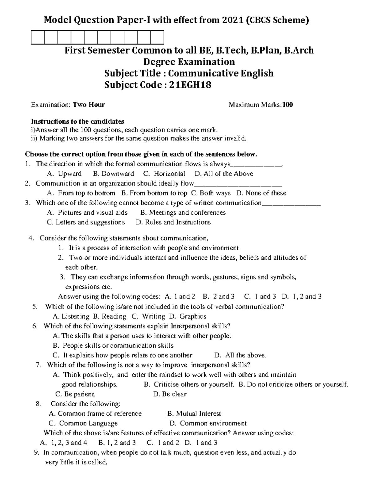 21EGH18set1 - English question paper - Model Question Paper-I with ...