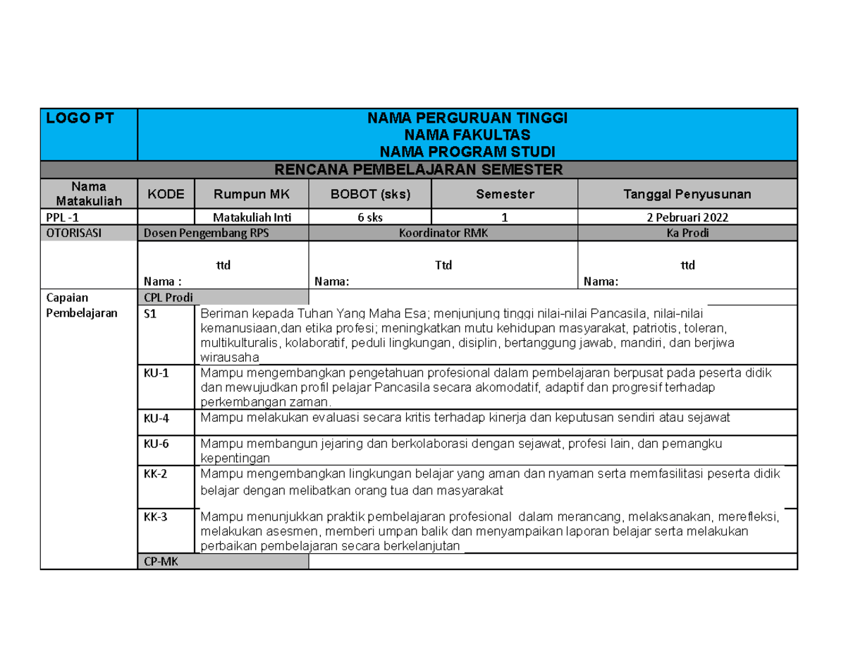 RPS Praktik Pengalaman Lapangan I - LOGO PT NAMA PERGURUAN TINGGI NAMA ...