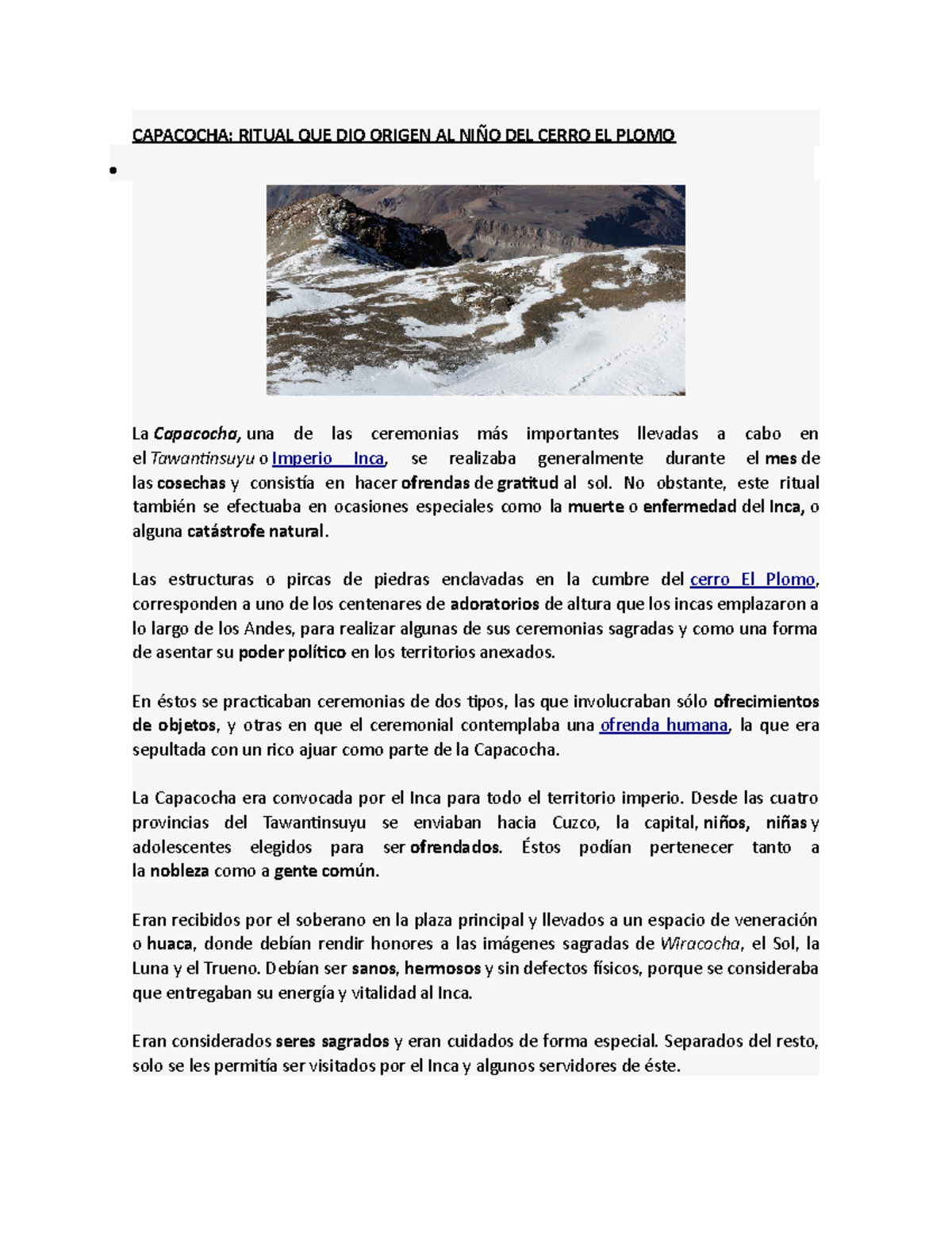 Capacocha - Apuntes 1 - CAPACOCHA: RITUAL QUE DIO ORIGEN AL NIÑO DEL ...
