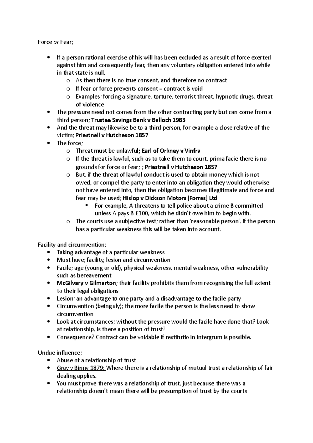 Force or Fear - Summary OBLIGATIONS 1B - Force or If a person rational ...