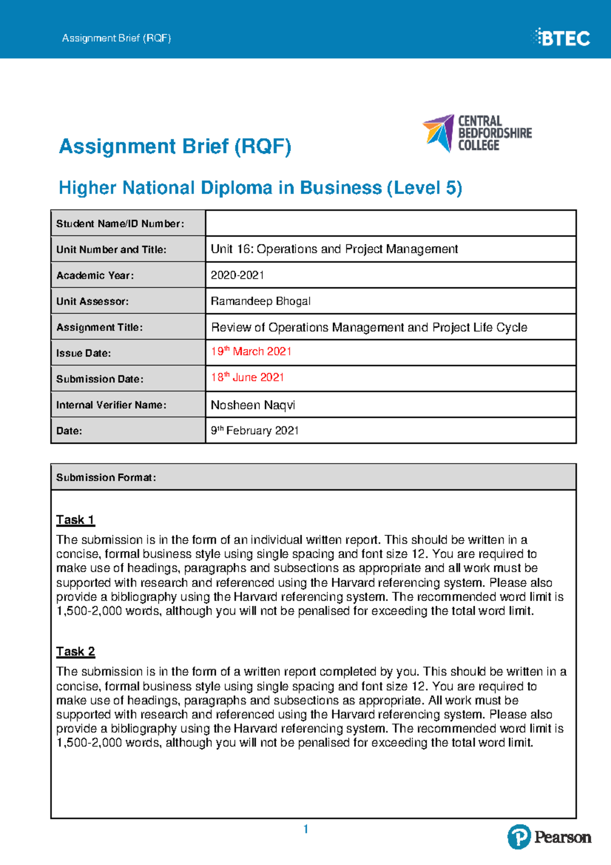 Unit 16 Assignment Brief 2020-2021 - Assignment Brief (RQF) Higher ...