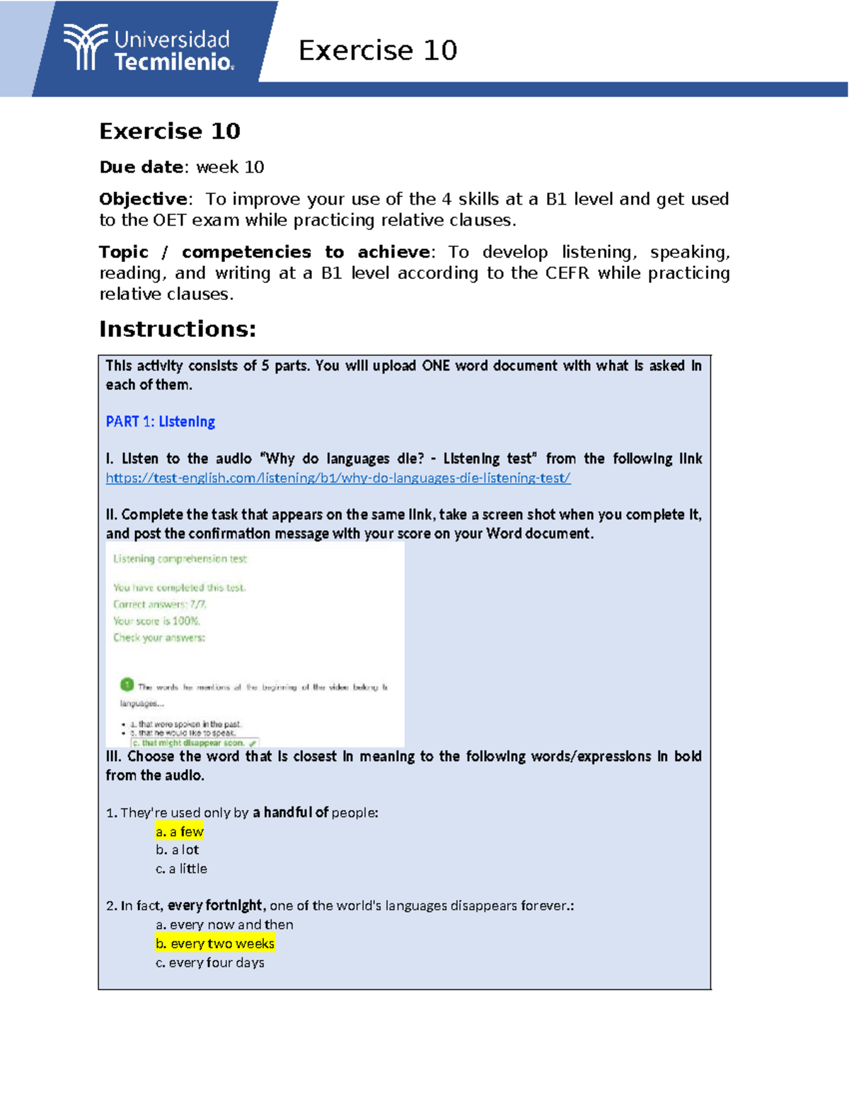 Exercise 10 - ejercicio 10 - Exercise 10 Due date: week 10 Objective ...