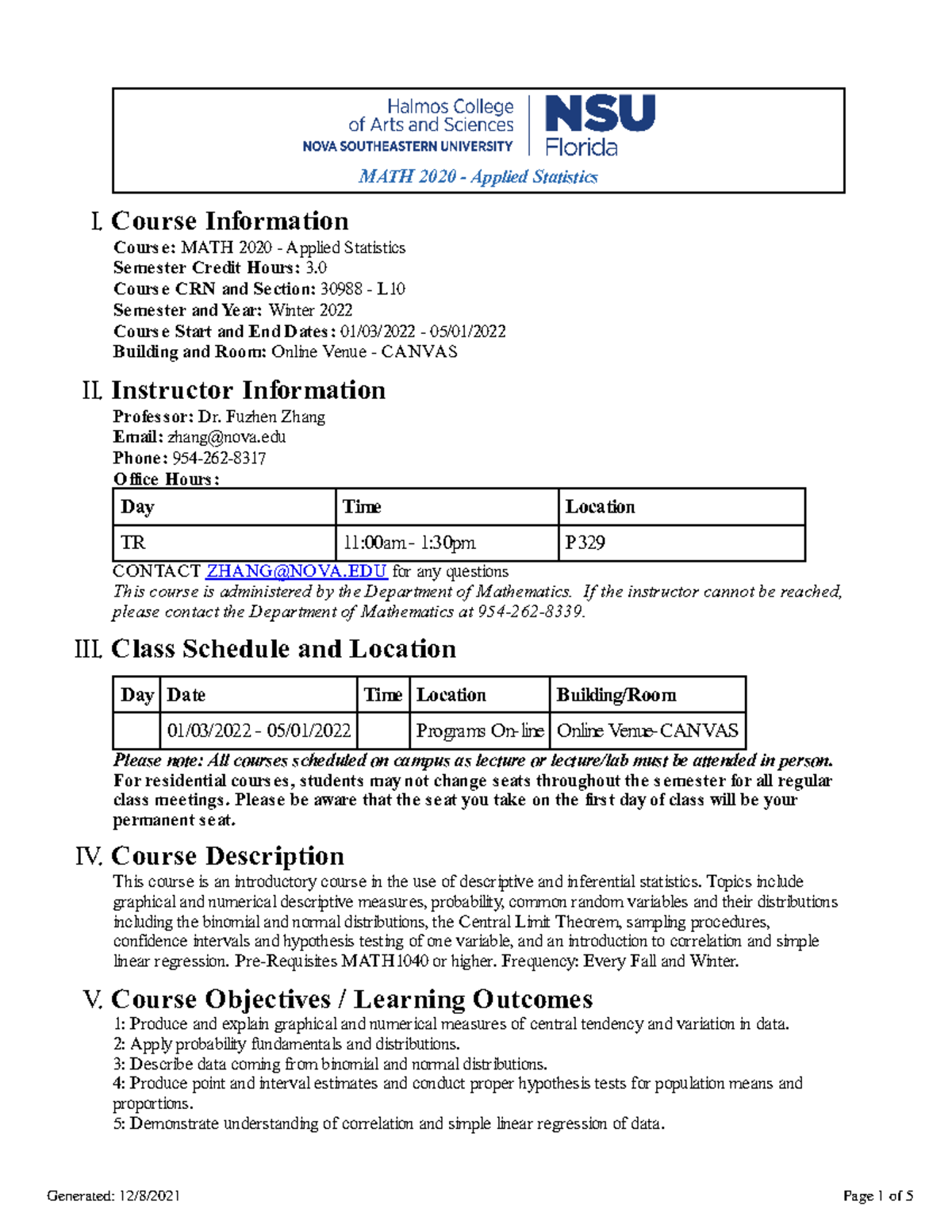 MATH 2020 Syllabus - Summary Applied Statistics - MATH 2020 - Applied ...