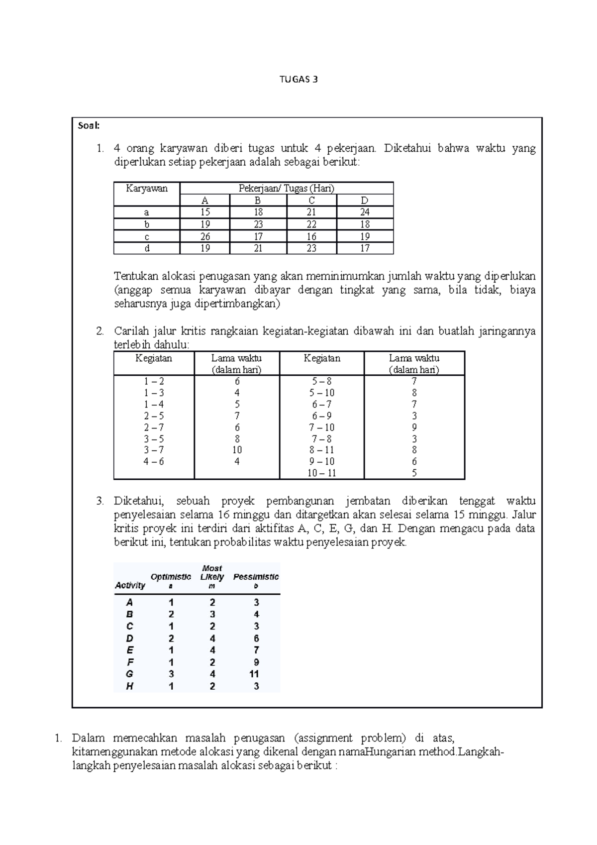 Tugas 3 riset operasi - manajemen - TUGAS 3 Soal: 1. 4 orang karyawan diberi tugas untuk 4 - Studocu