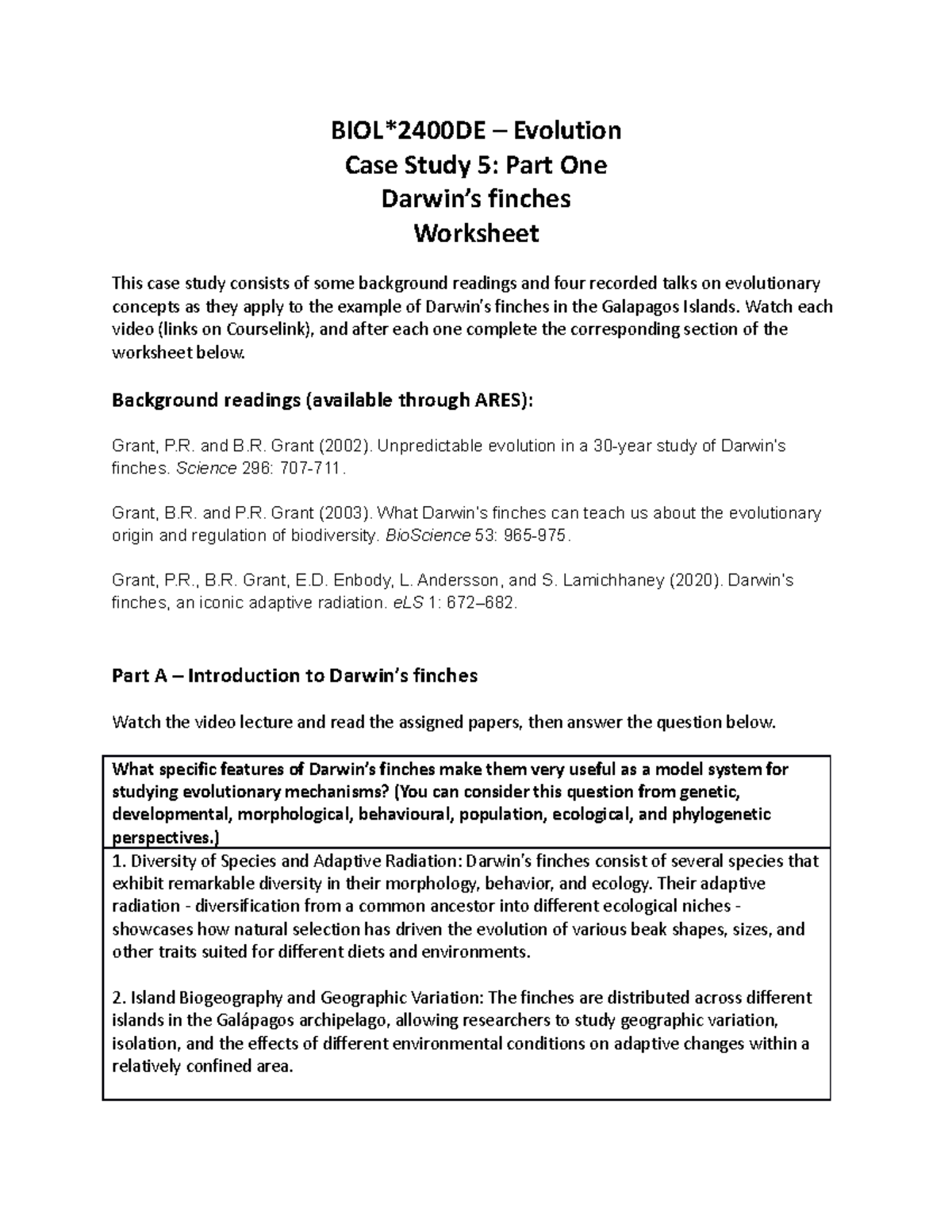 Case Study 5 Part One worksheet - BIOL*2400DE – Evolution Case Study 5: Part One Darwin’s ...