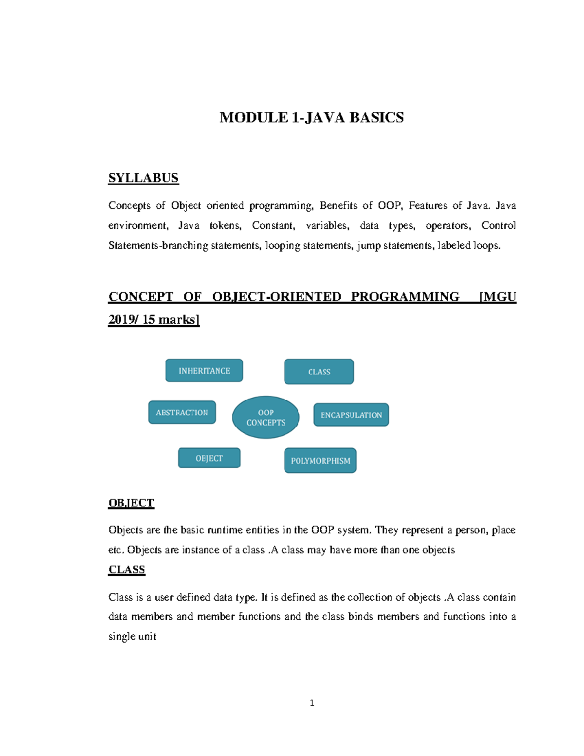 Module 1 Notes Of Java Module 1 Java Basics Syllabus Concepts Of Object Oriented Programming 5335