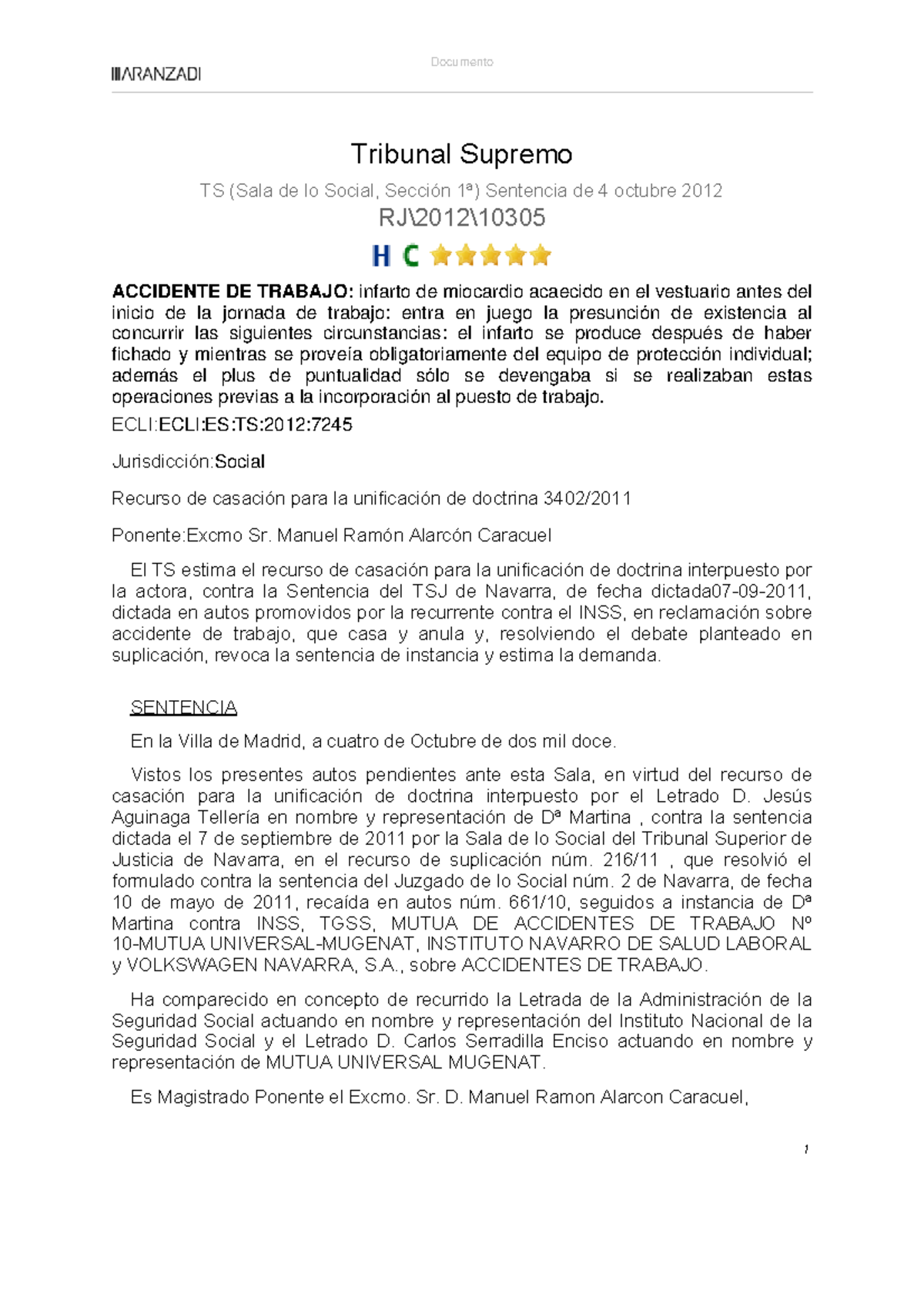 Jur TS (Sala de lo Social, Seccion 1a) Sentencia de 4 octubre 2012 RJ ...