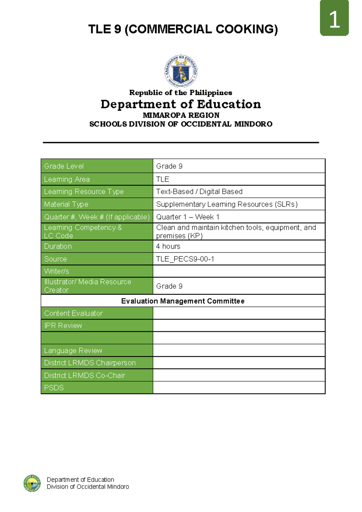 Tle9 Q1 Week1 - assignment - TLE 9 (COMMERCIAL COOKING) Department of ...