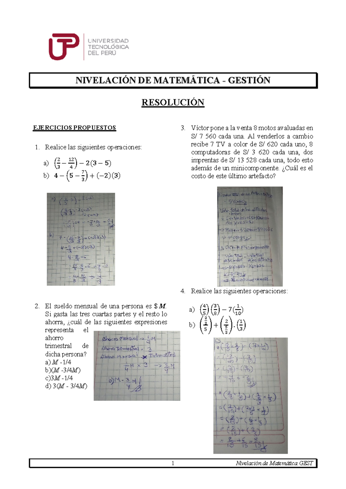 Tarea - 1 Nivelación de Matemática GEST NIVELACIÓN DE MATEMÁTICA - GESTIÓN RESOLUCIÓN EJERCICIOS ...