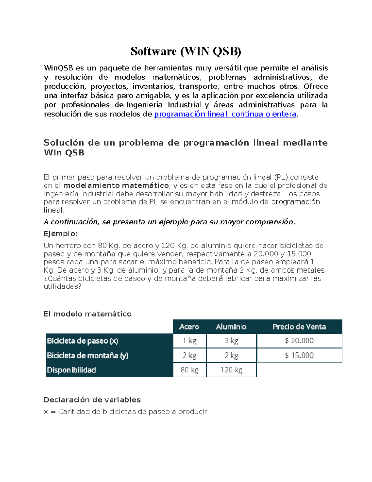 Programación Entera Software 1 - Software (WIN QSB) WinQSB es un ...