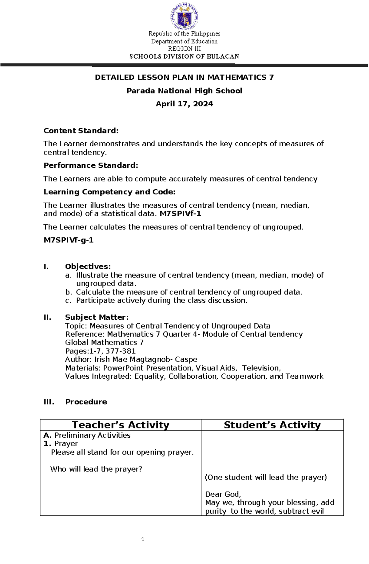 Lesson plan math 7 - math 7 - Republic of the Philippines Department of ...