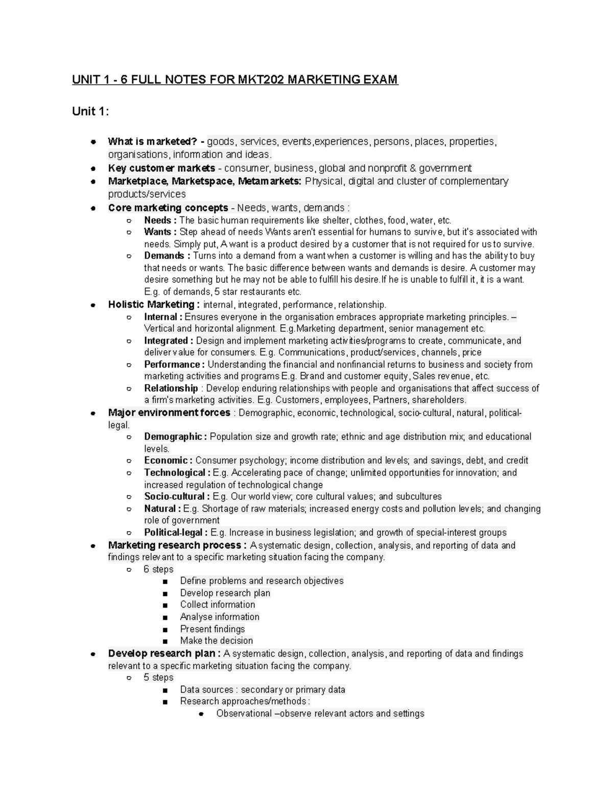 MKT202 Marketing exam UNIT 1 - 6 FULL Notes (1) - UNIT 1 - 6 FULL NOTES ...