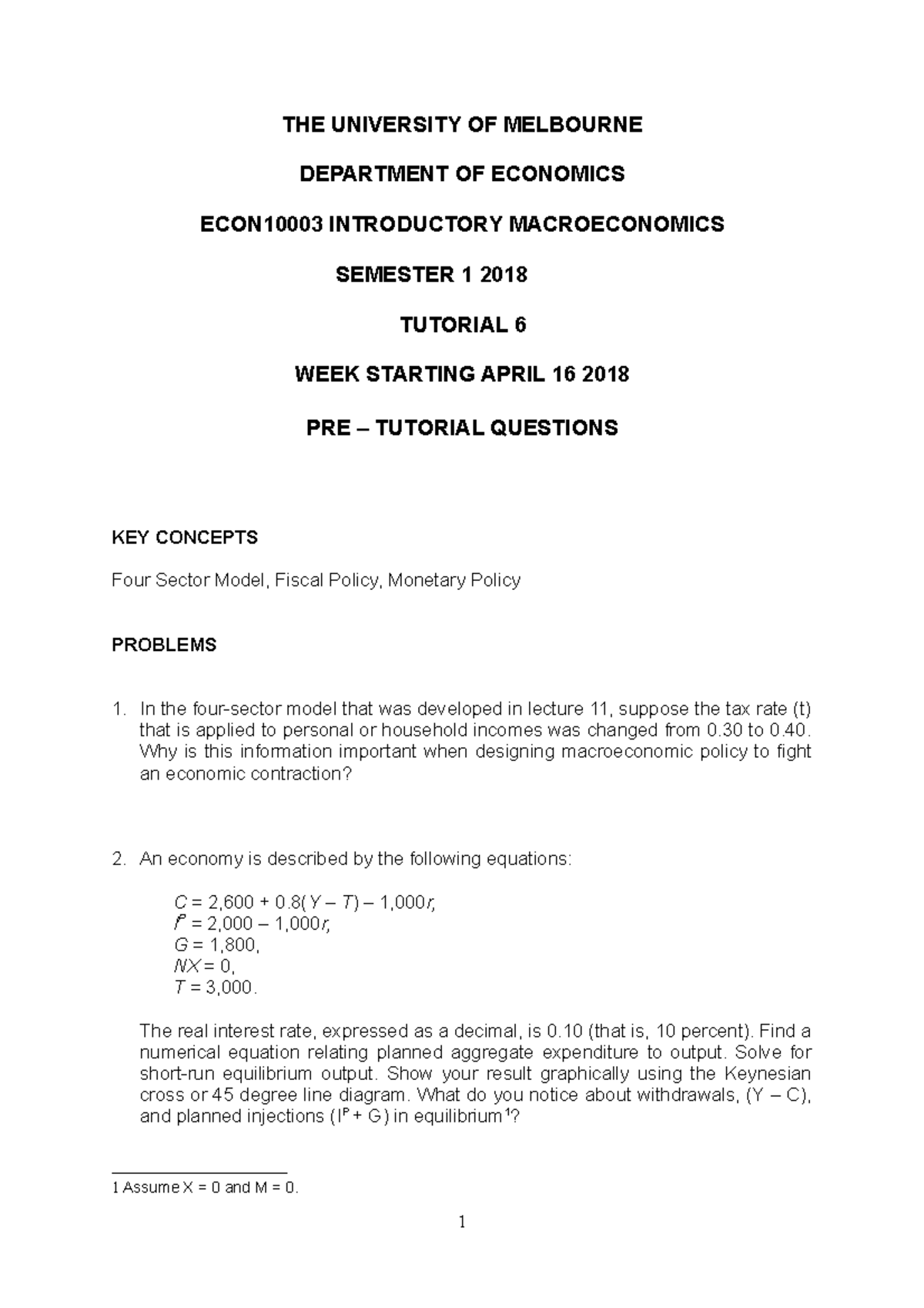 Pre-Tutorial Sheet 6 - THE UNIVERSITY OF MELBOURNE DEPARTMENT OF ...