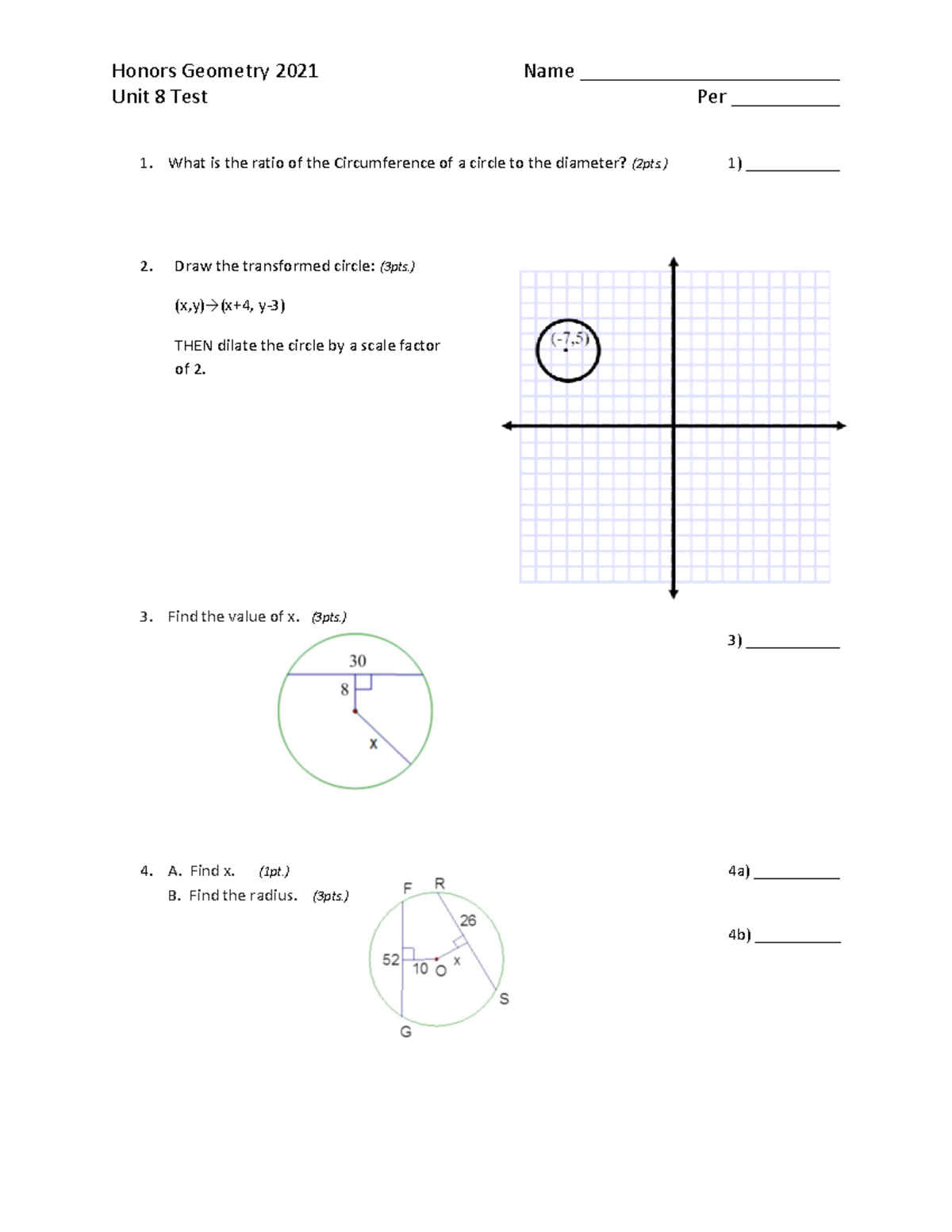 Unit 8 Test Honors 2021 Part 1 - Honors Geometry 2021 Name ...