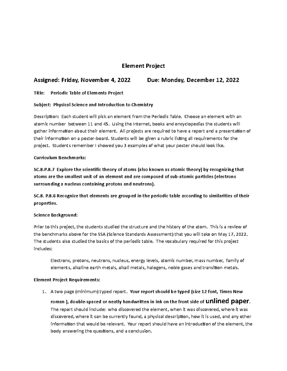Element project rubric - Element Project Assigned: Friday, November 4 ...