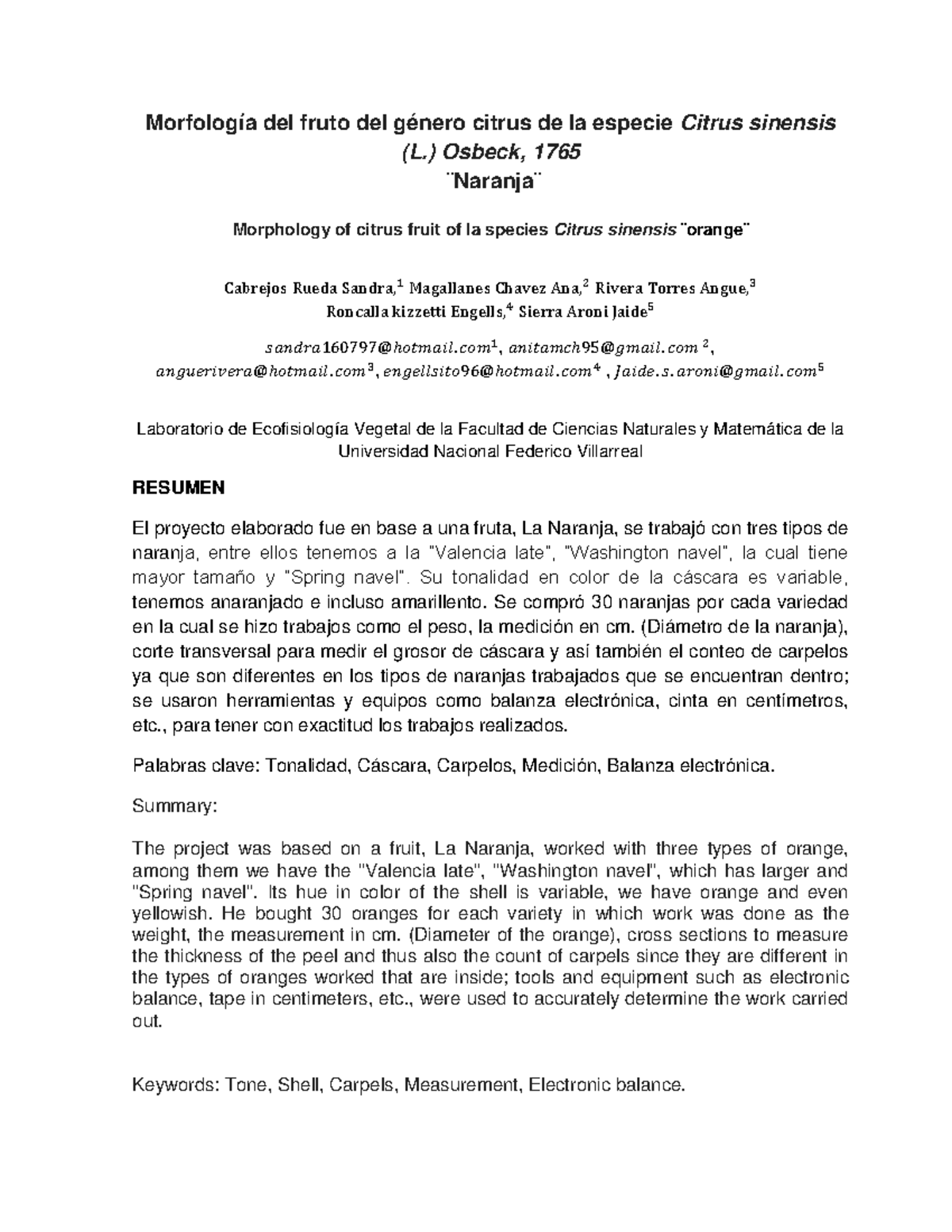 Morfología del fruto del género citrus de la especie Citrus sinensis (L ...