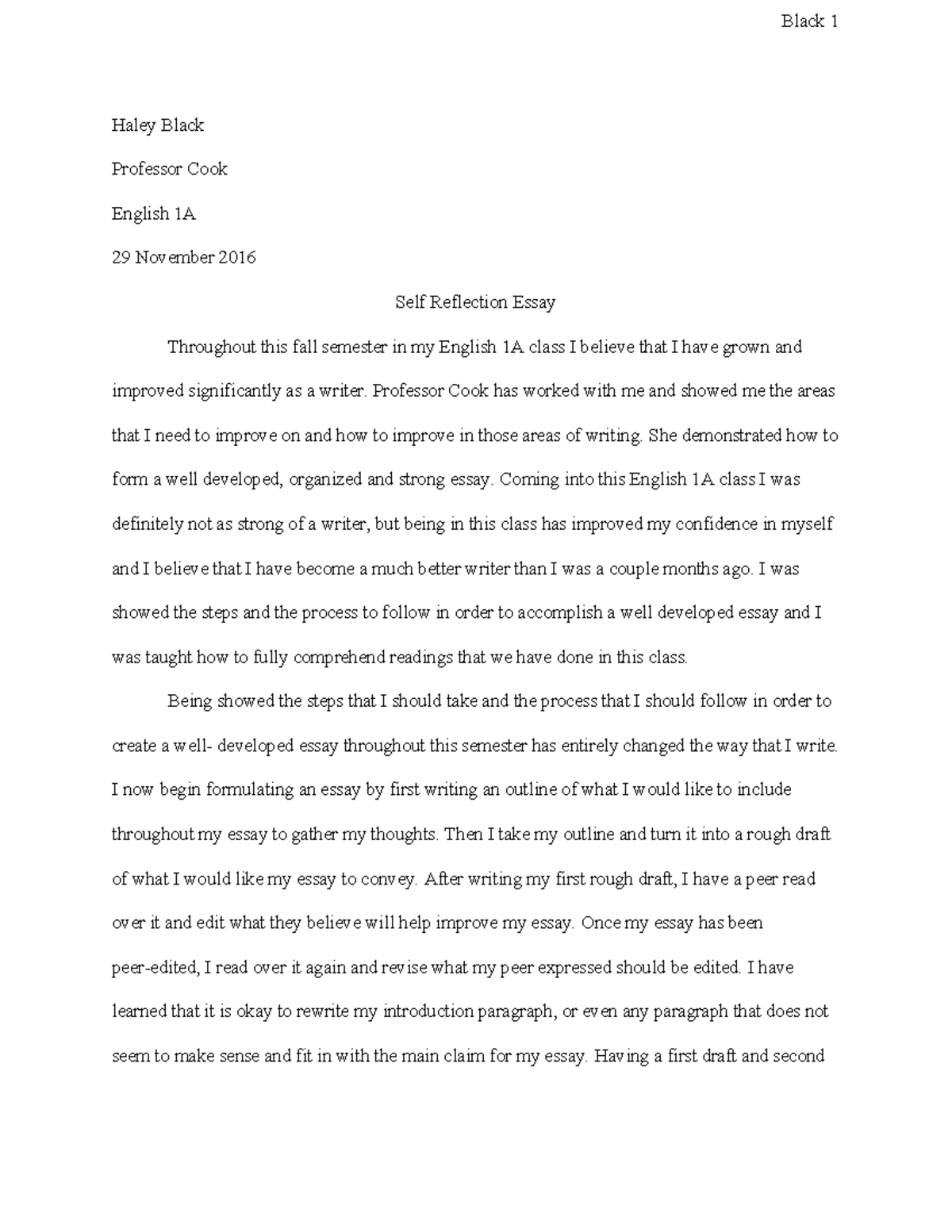 Self Reflection Essay English 1A - Black 1 Haley Black Professor Cook ...