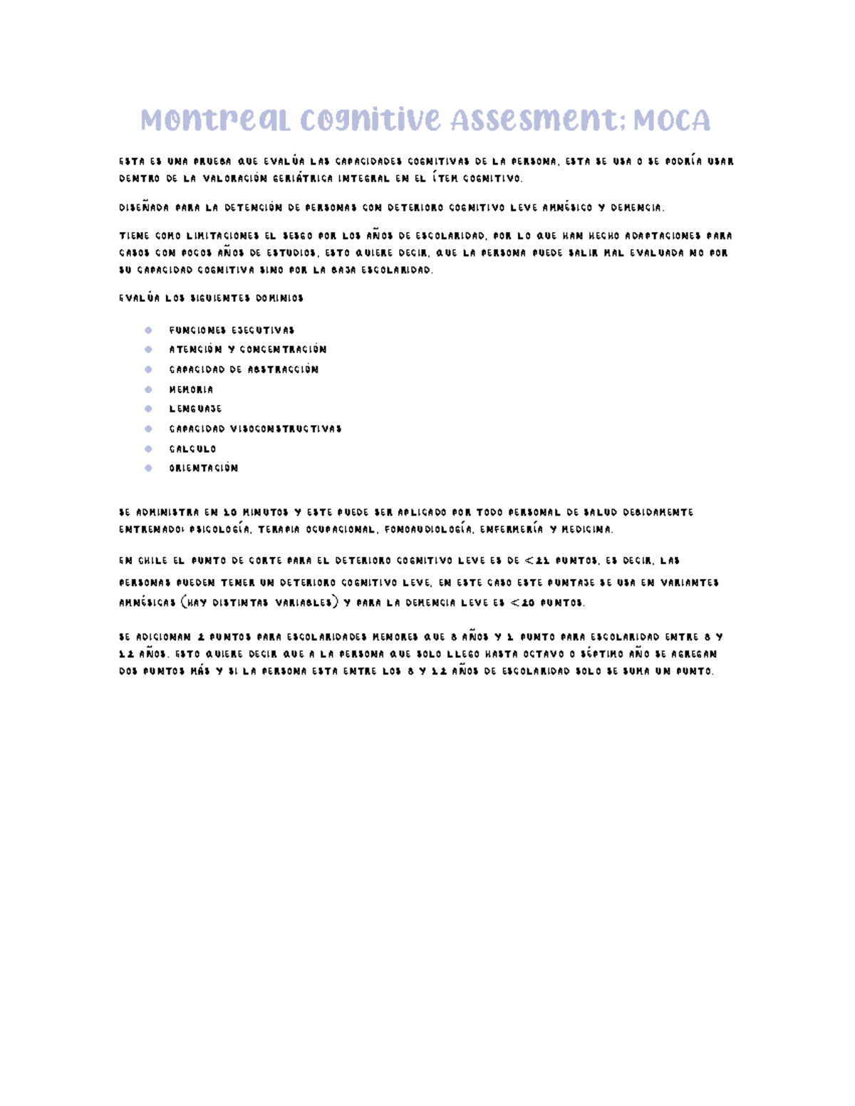 MOCA - Pauta moca - Montreal Cognitive Assesment; MOCA Esta es una ...