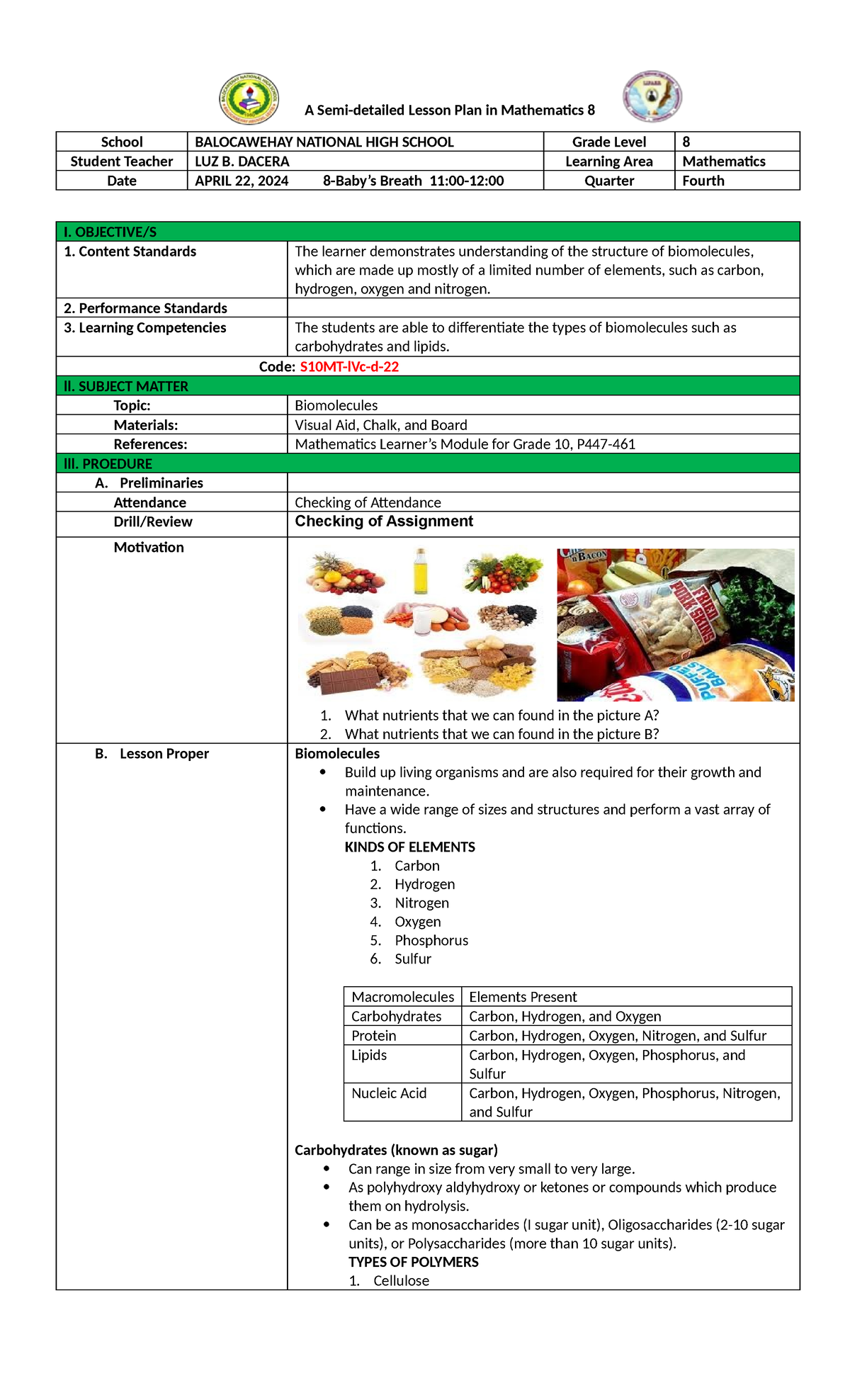 Biomolecules (Carbohydrates and Lipids) - A Semi-detailed Lesson Plan ...