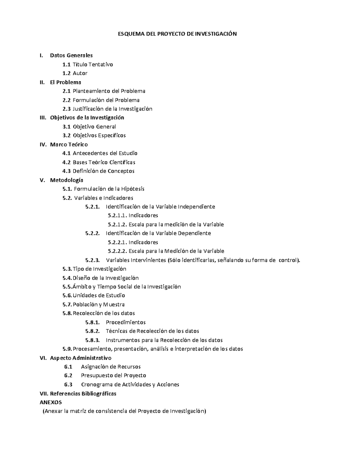 Esquema DEL Proyecto DE Investigación - ESQUEMA DEL PROYECTO DE INVESTIGACIÓN I. Datos Generales ...
