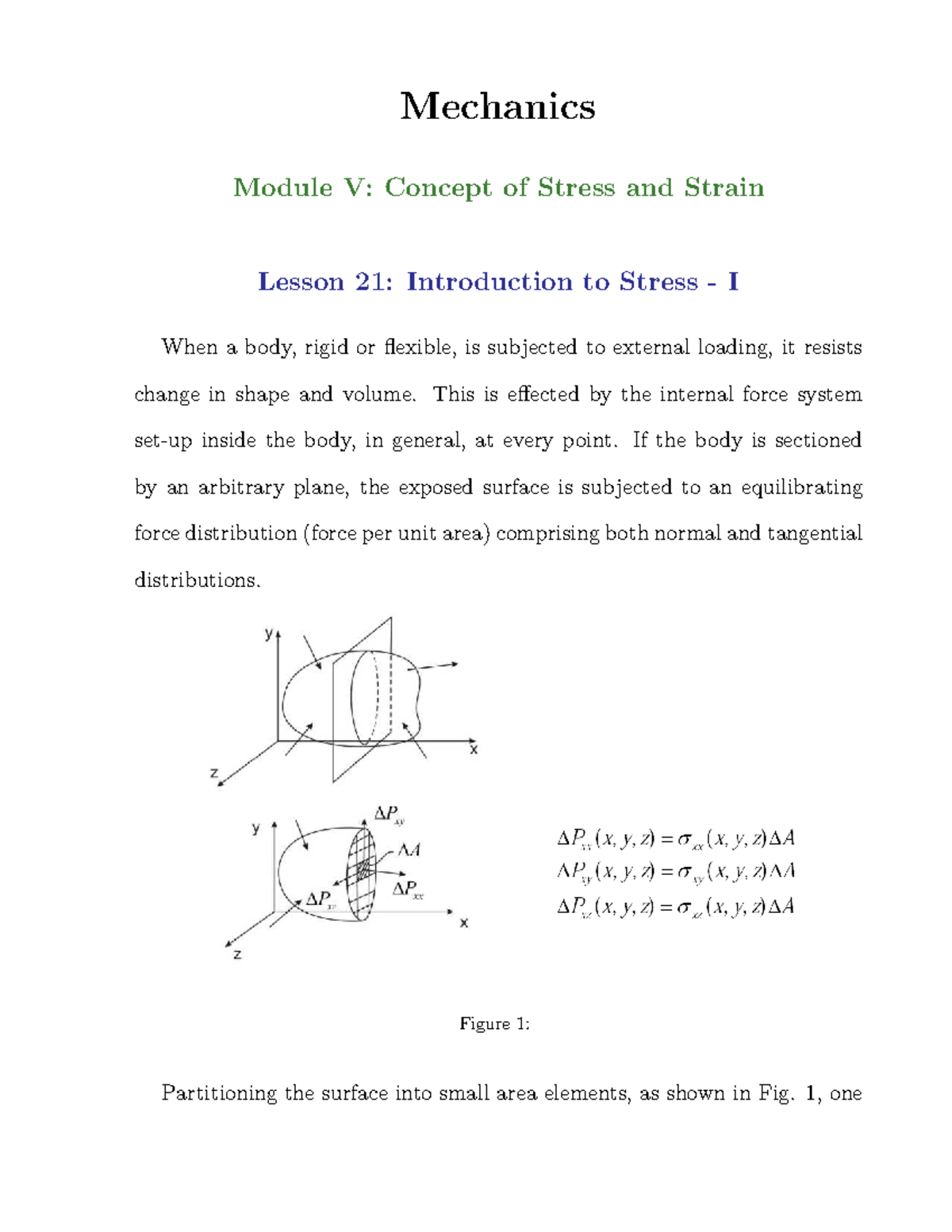Module 5 Introduction to Stress - I - Mechanics Module V: Concept of Stress and Strain Lesson 21 ...