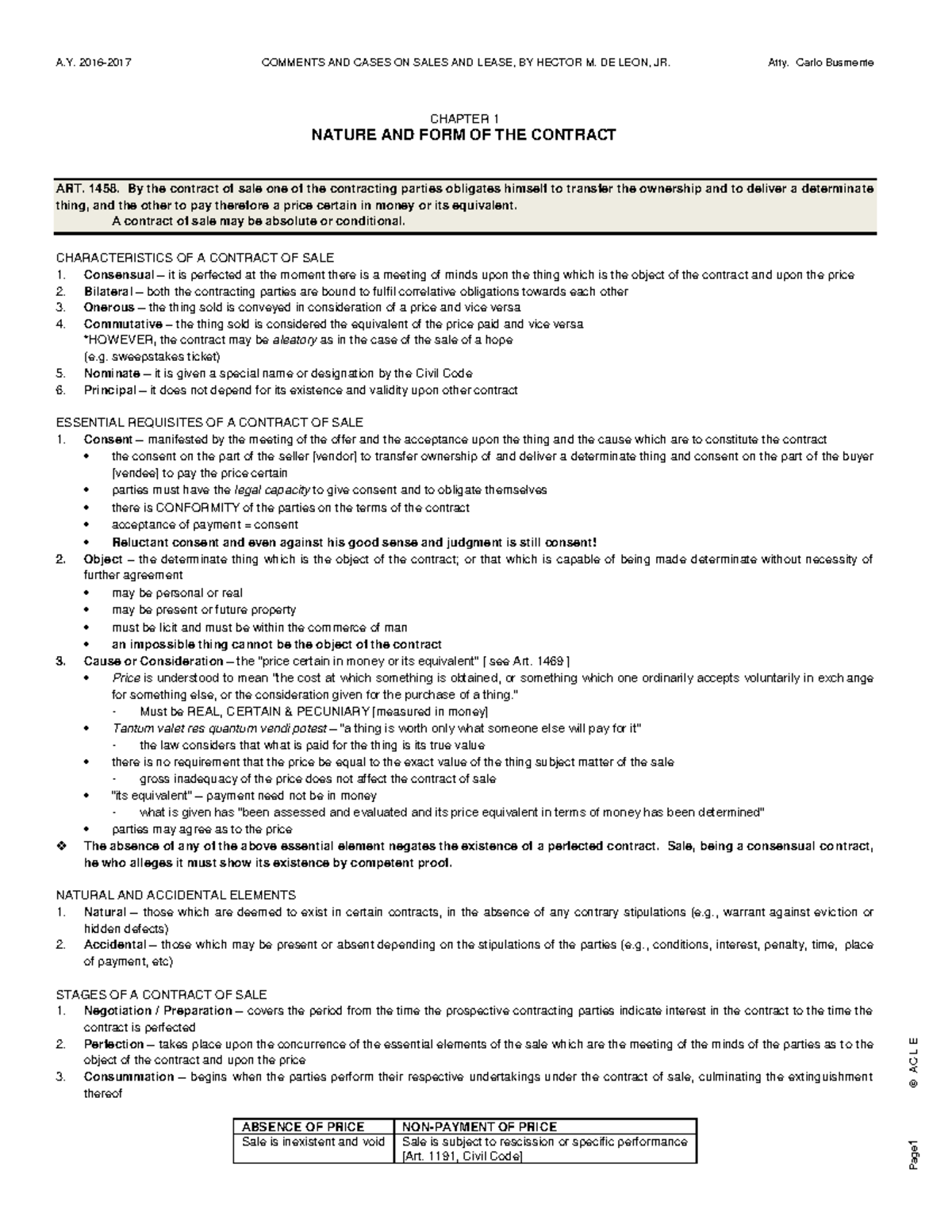 Toaz - NOTES - 1 AC L E CHAPTER 1 NATURE AND FORM OF THE CONTRACT ART ...