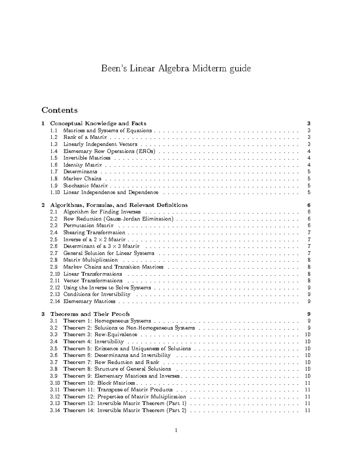 Linear Algebra Midterm Prep - Been’s Linear Algebra Midterm guide 1 Conceptual Knowledge and ...