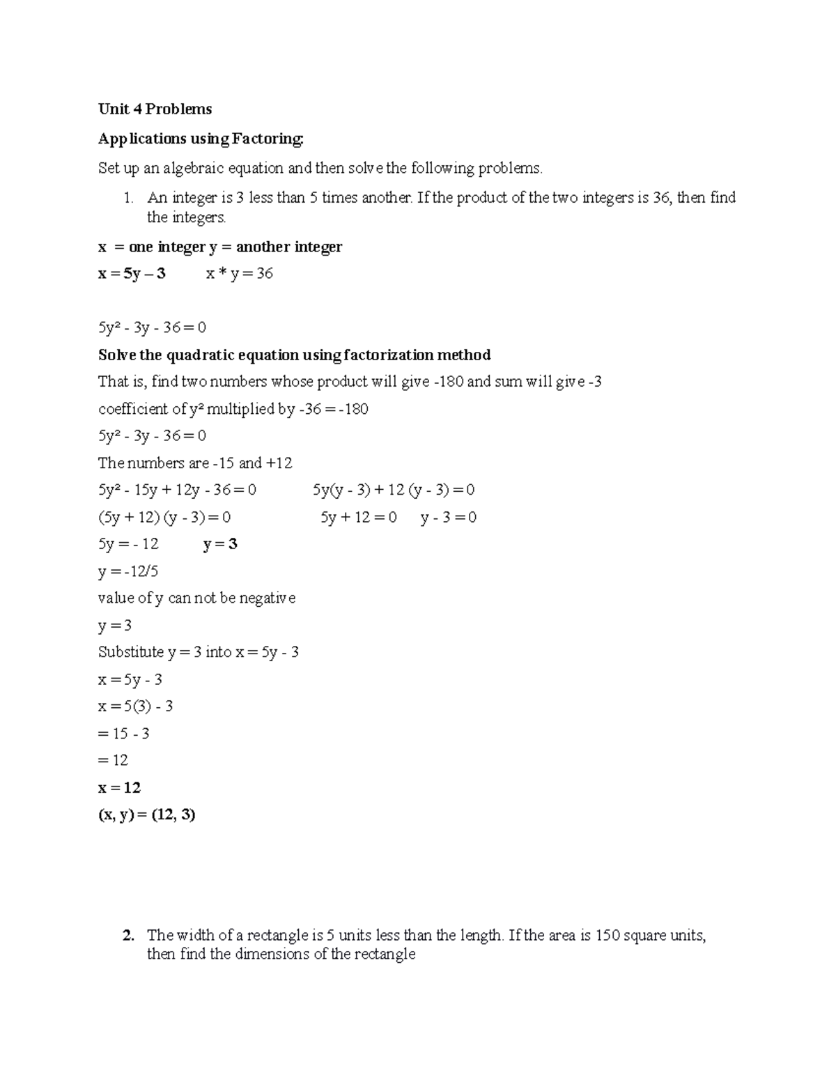 Unit 4 Problems 2020 1 Unit 4 Problems Applications Using Factoring Set Up An Algebraic