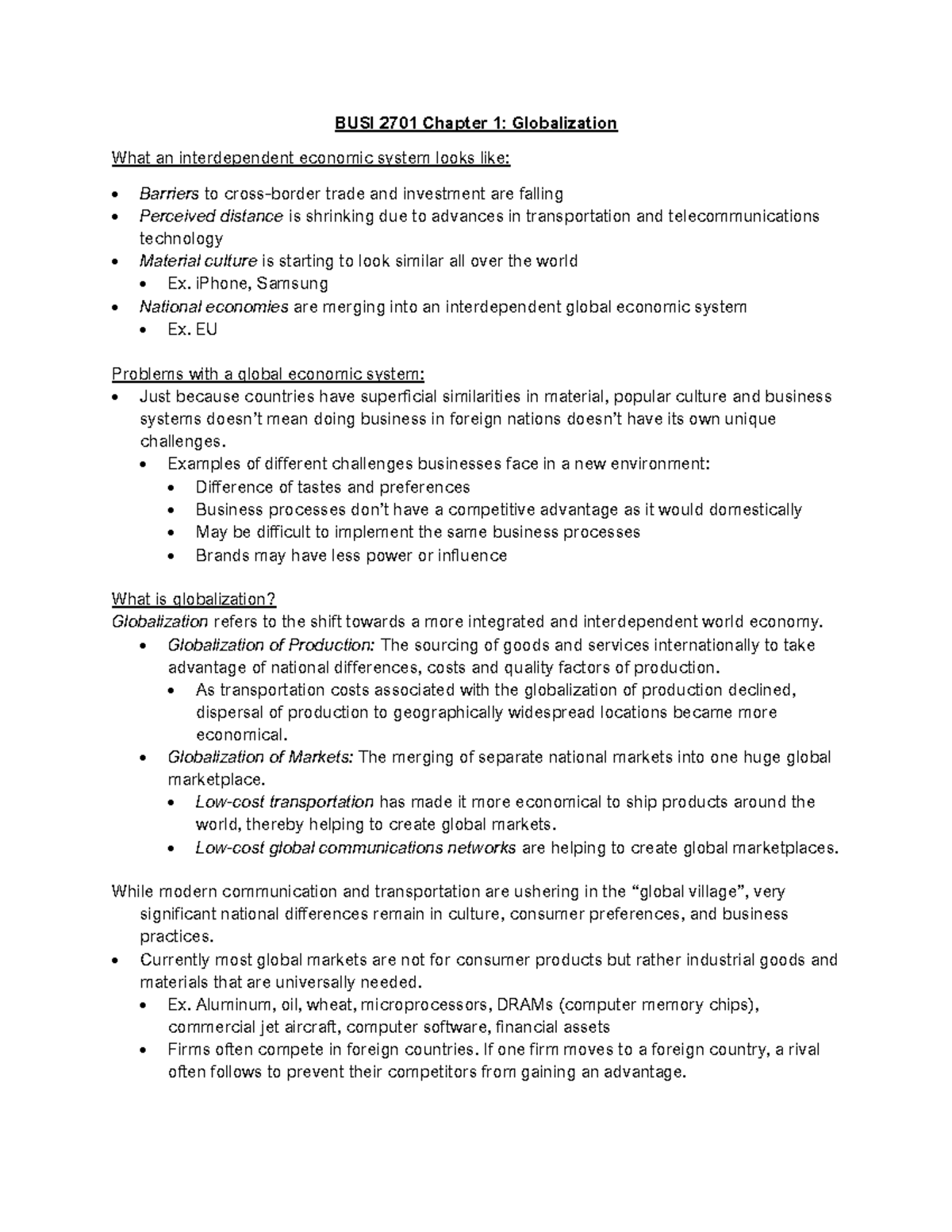 Chapter 1 Notes - BUSI 2701 Chapter 1: Globalization What an ...