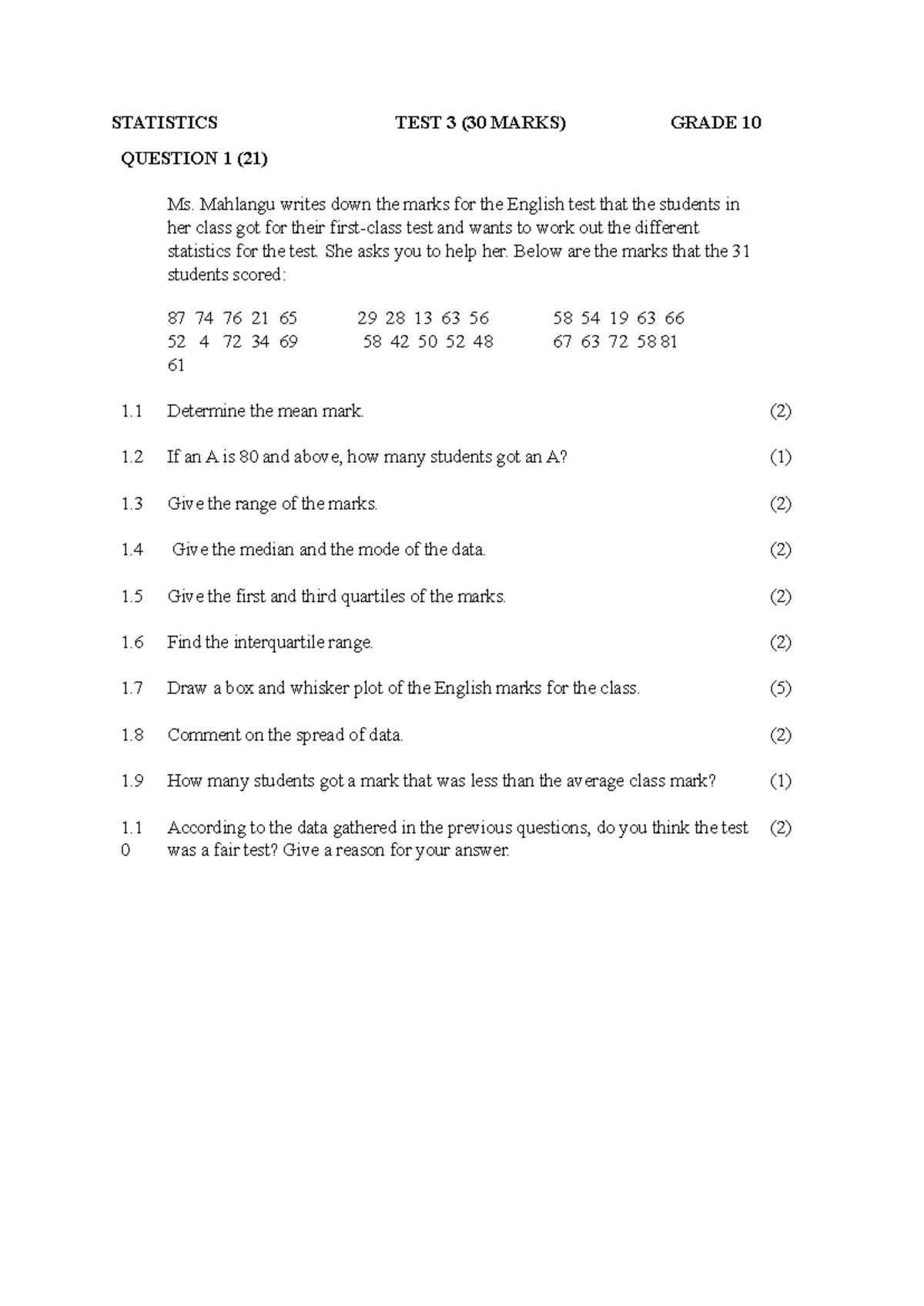 Statistics TEST 3 - Study guide - STATISTICS TEST 3 (30 MARKS) GRADE 10 ...