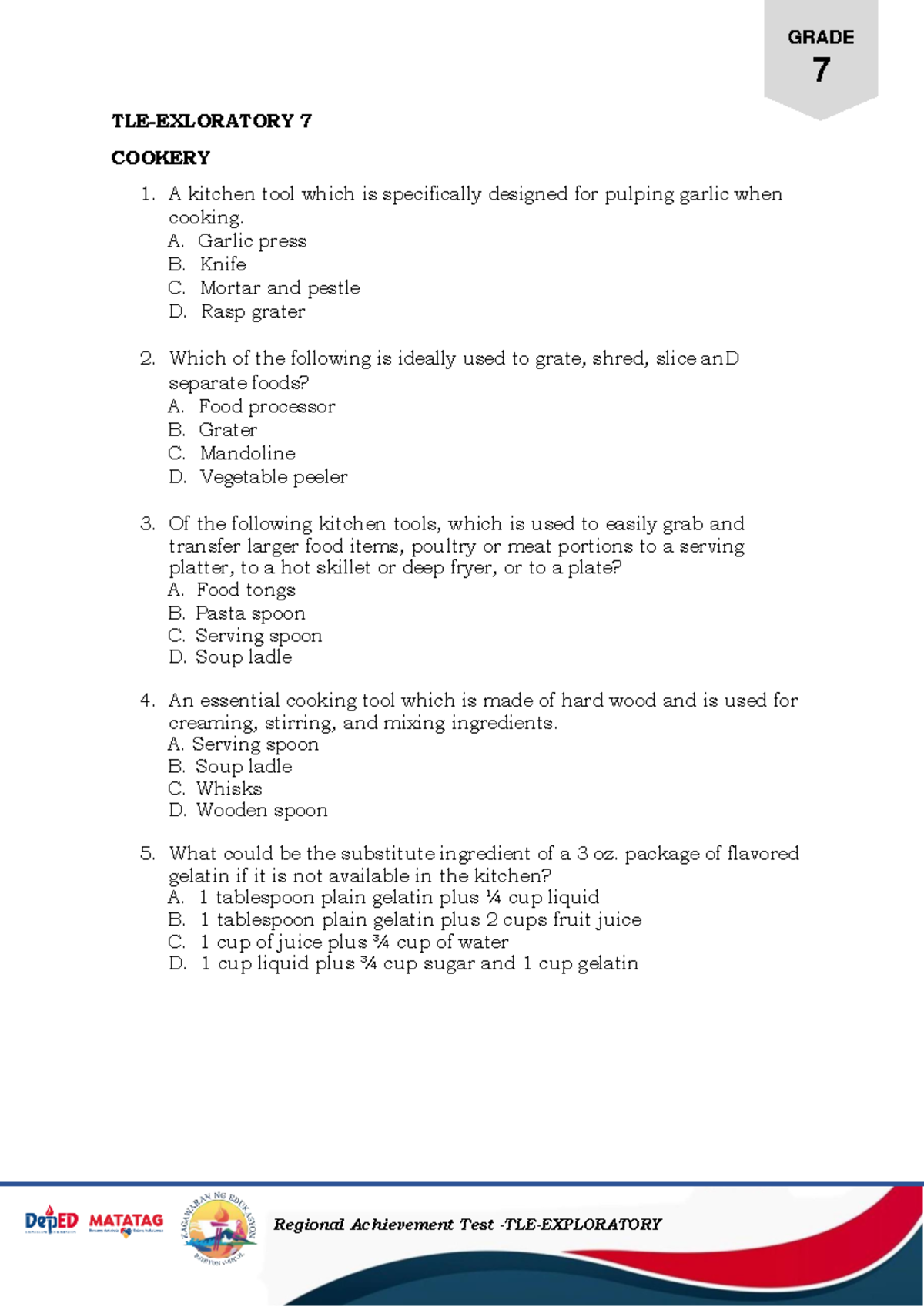 TLE-7- Exploratory - TEST - TLE-EXLORATORY 7 COOKERY A kitchen tool ...