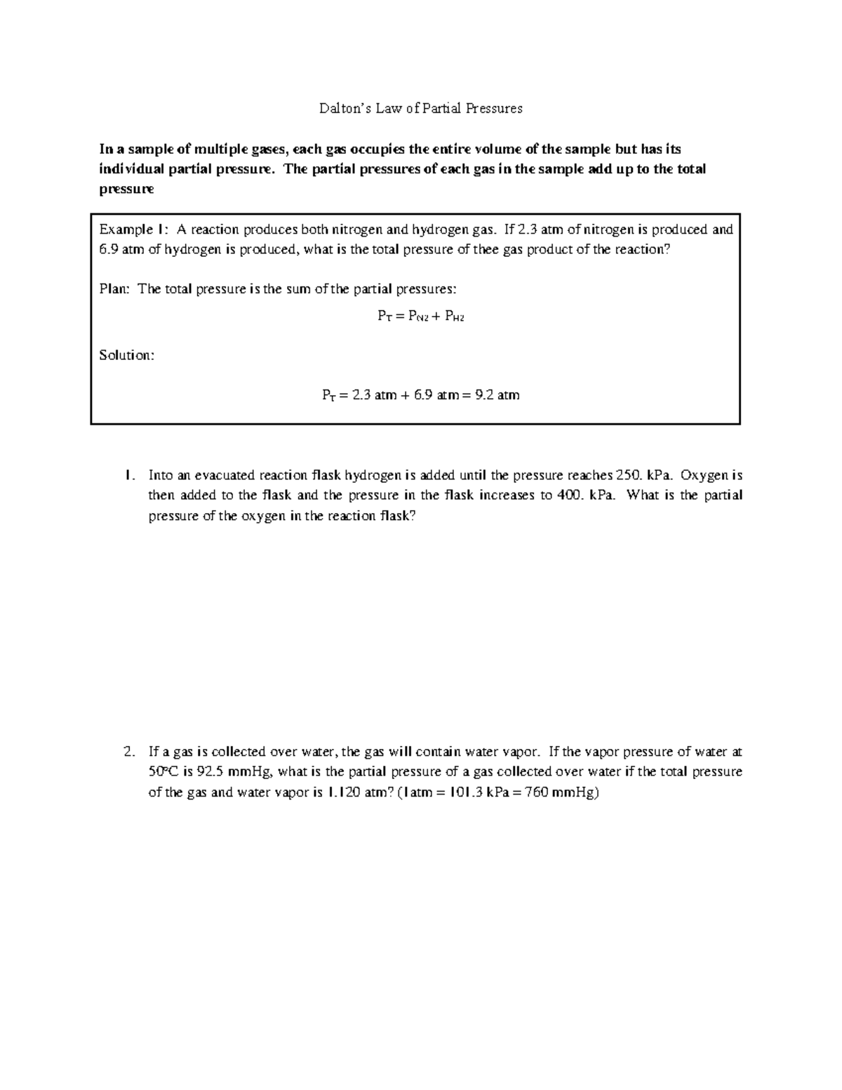 8.d Dalton's Law of Partial Pressures - Dalton’s Law of Partial ...